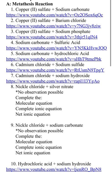 Solved A: Metathesis Reaction 1. Copper (II) sulfate + | Chegg.com