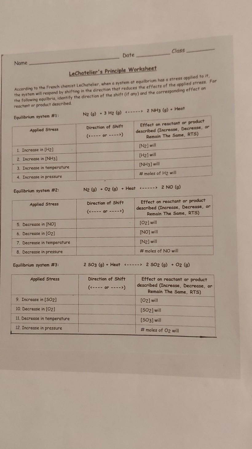 Solved Class Date Name LeChatelier's Principle Worksheet | Chegg.com