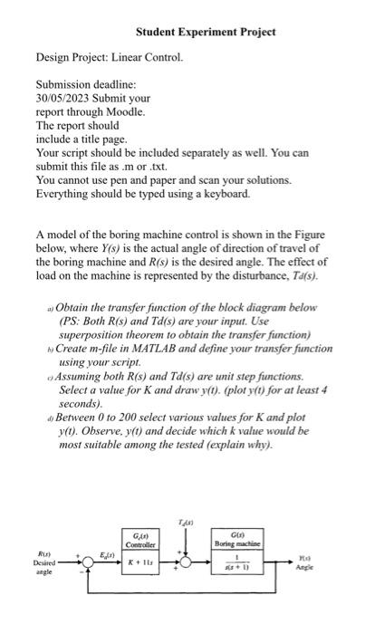 Solved Design Project: Linear Control. Submission deadline: | Chegg.com