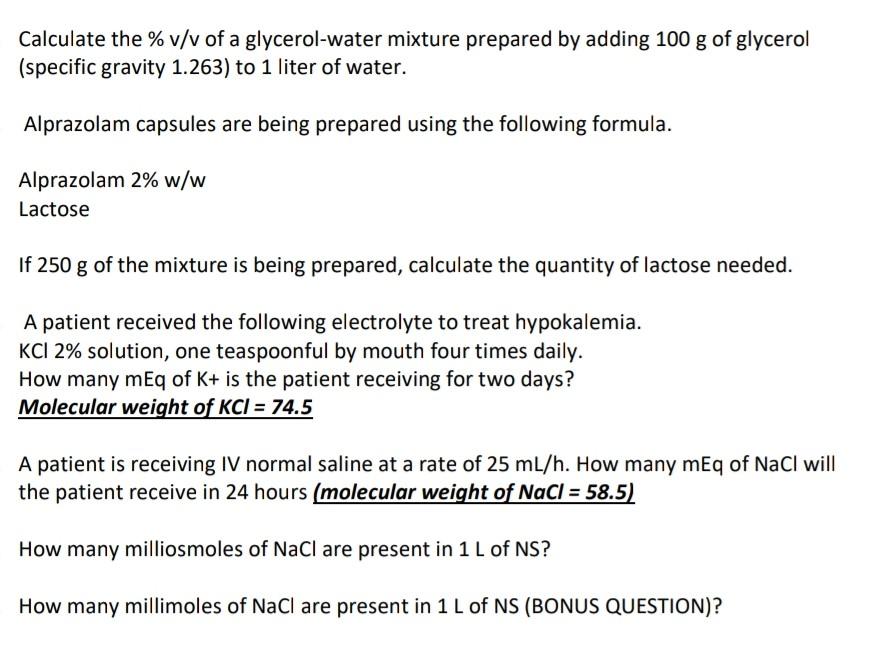 Solved Calculate the % v/v of a glycerol-water mixture | Chegg.com