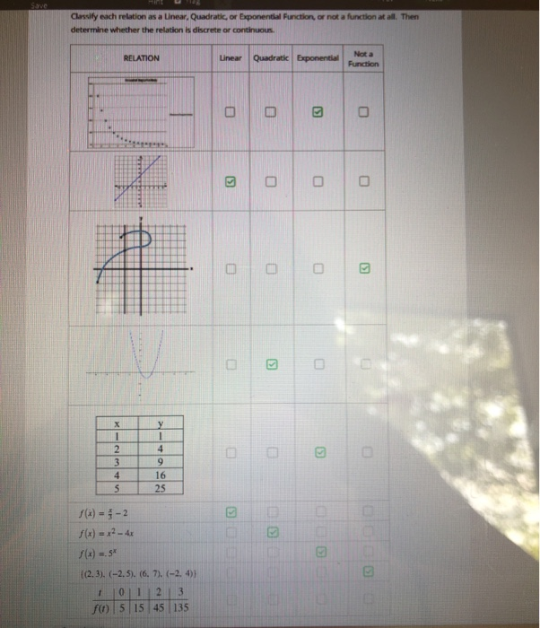 Solved Save Classify each relation as a Linear, Quadratic, | Chegg.com