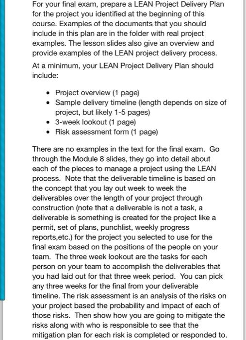 For your final exam prepare a LEAN Project Delivery | Chegg.com