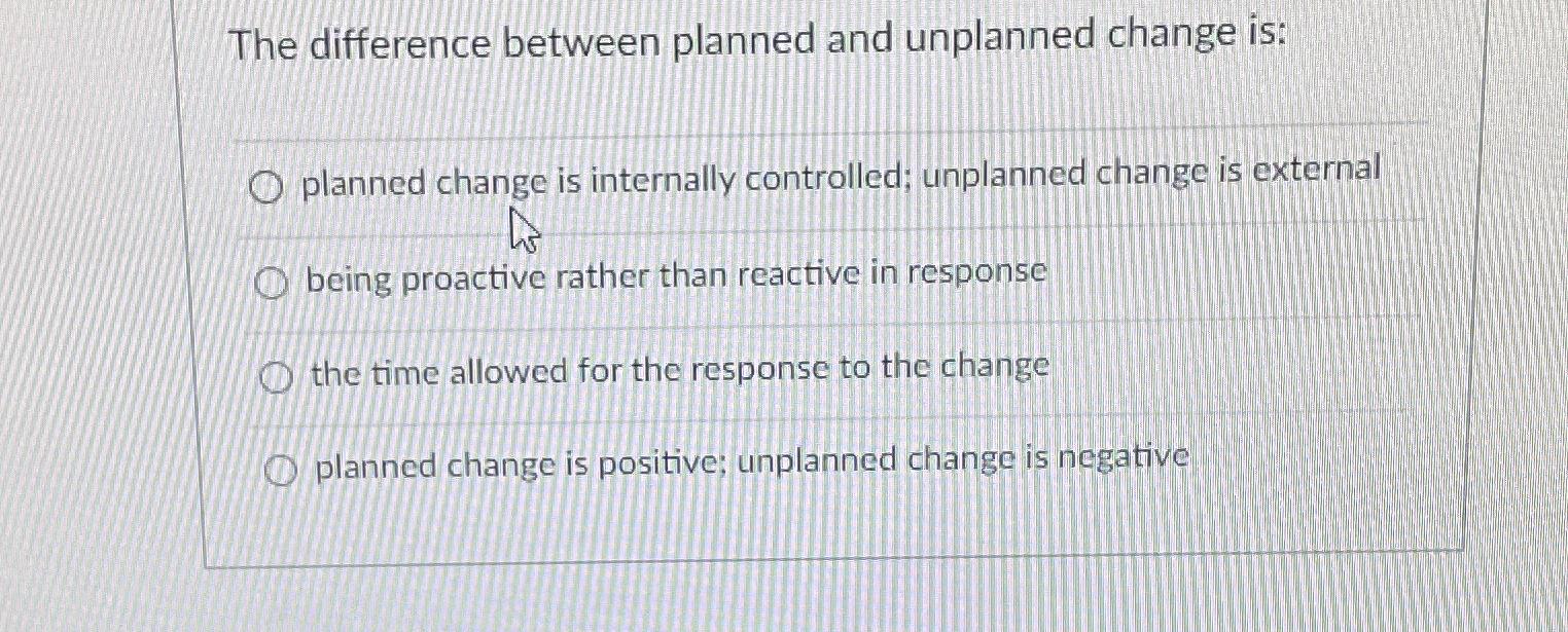 Solved The difference between planned and unplanned change | Chegg.com