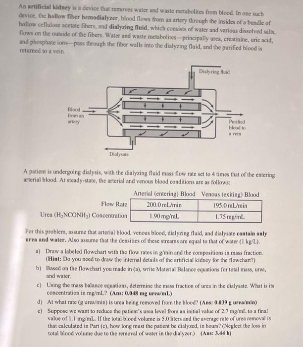 Solved An artificial kidney is a device that removes water | Chegg.com