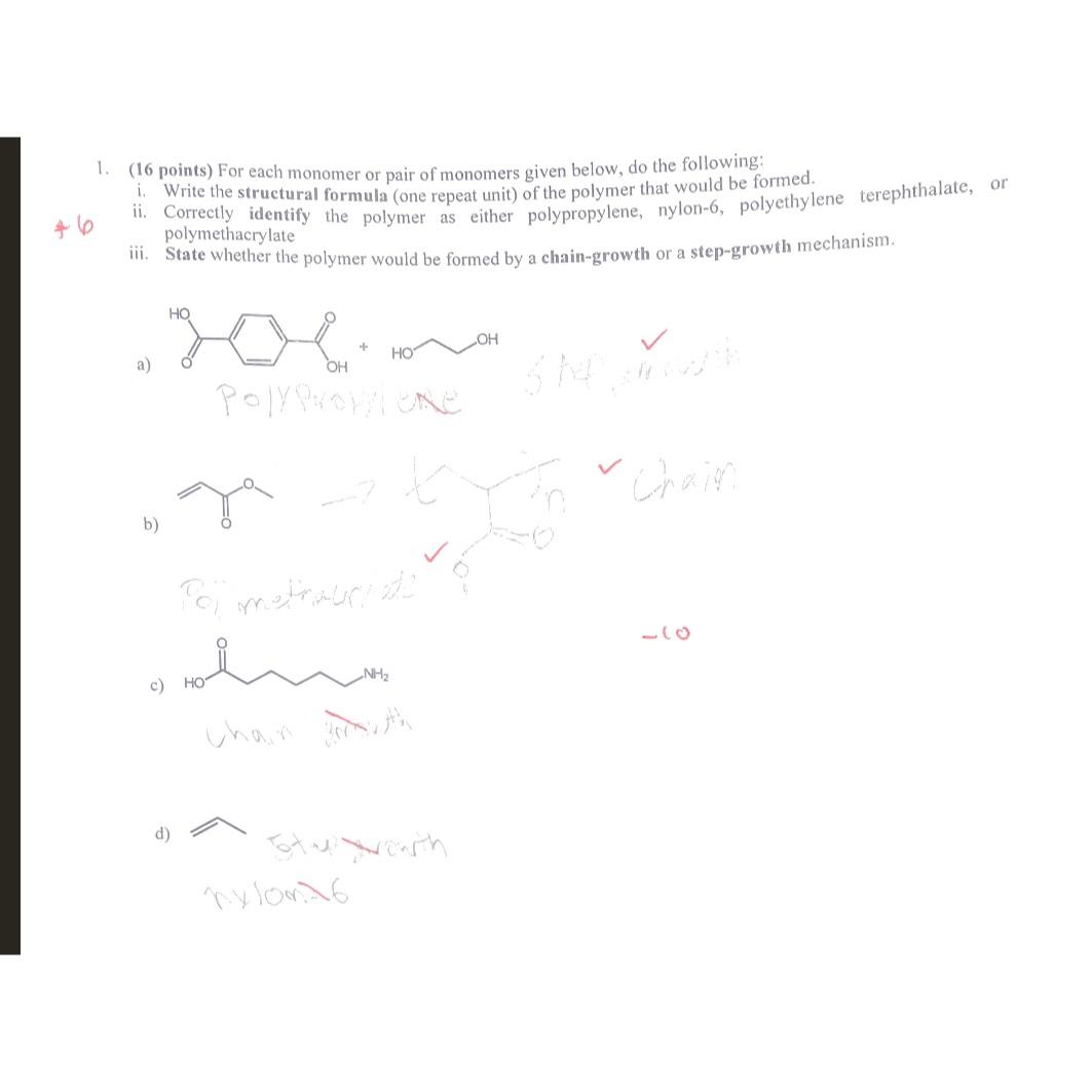 Solved (16 ﻿points) ﻿For each monomer or pair of monomers | Chegg.com