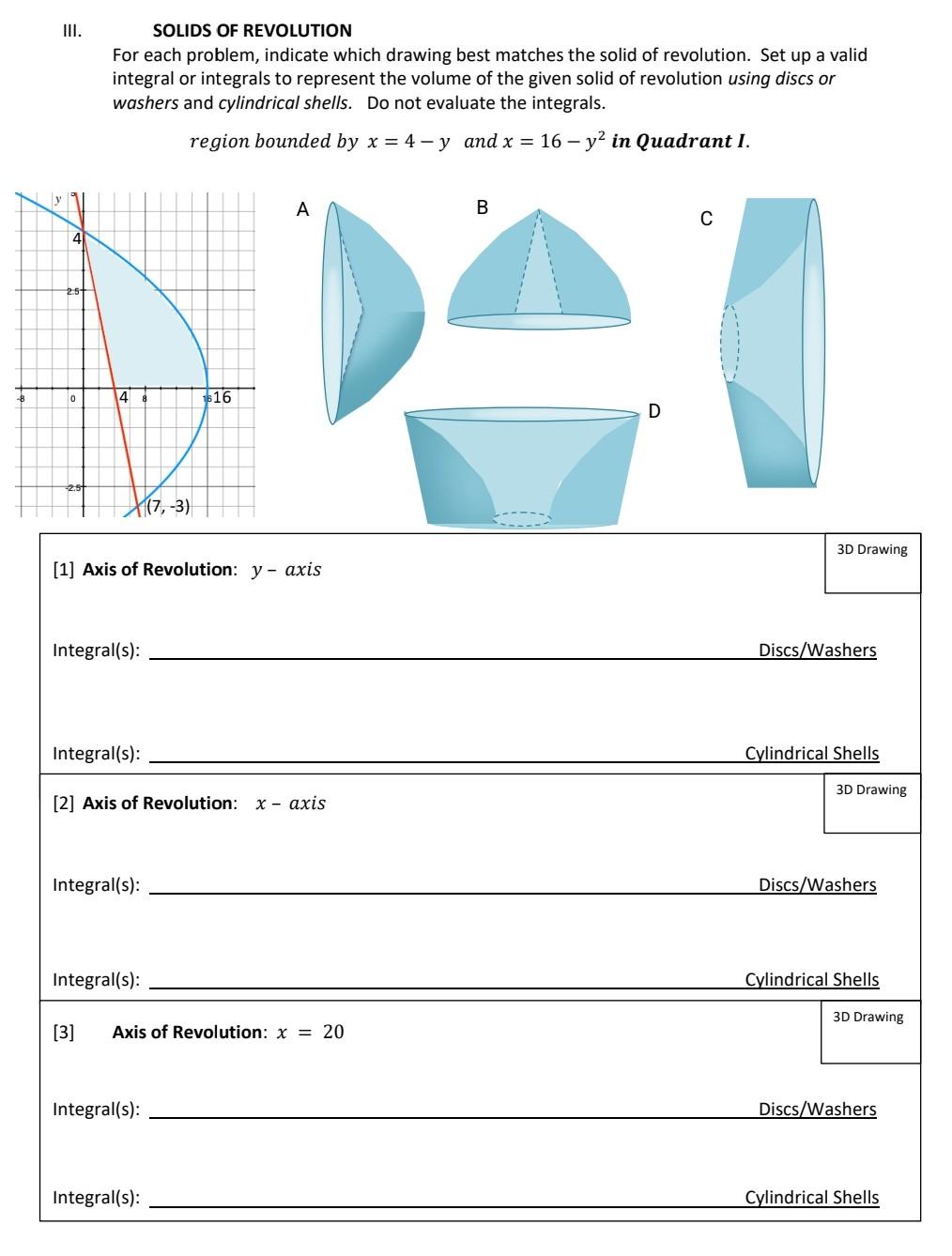 Solved SOLIDS OF REVOLUTION For each problem, indicate which | Chegg.com