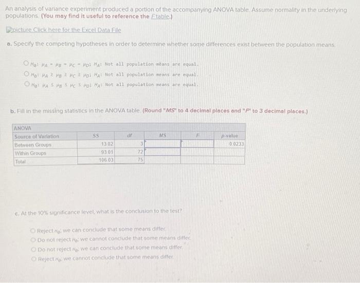 Solved An analysis of variance experiment produced a portion | Chegg.com