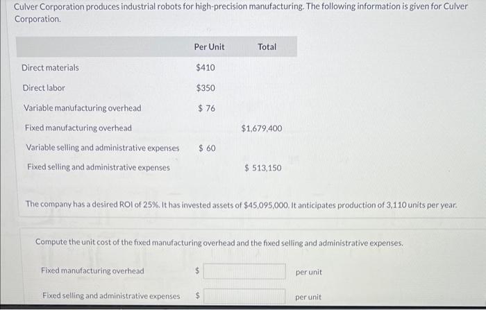 Solved Culver Corporation produces industrial robots for | Chegg.com
