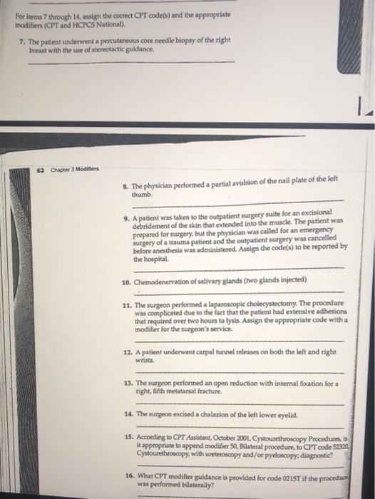 Solved Por items through 14, assign the correct CPT code(s) | Chegg.com
