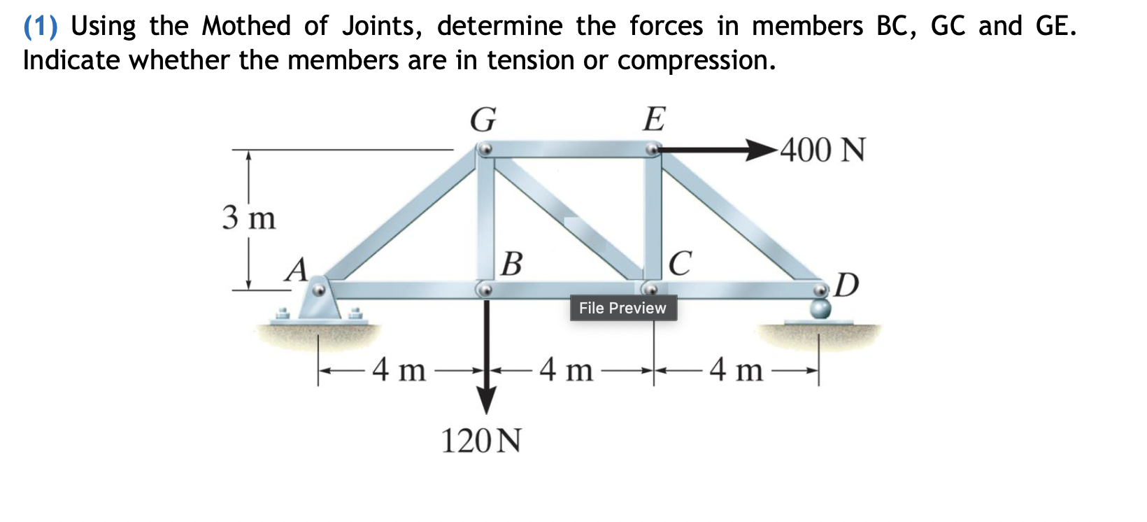 Solved (1) ﻿Using the Mothed of Joints, determine the forces | Chegg.com