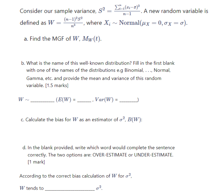 Solved Consider our sample variance, S2=∑i=1n(xi-x)2n-1. ﻿A | Chegg.com