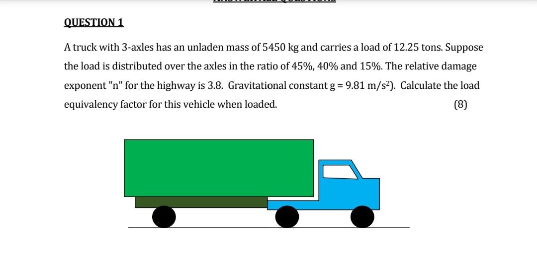 Solved QUESTION 1 A truck with 3-axles has an unladen mass | Chegg.com