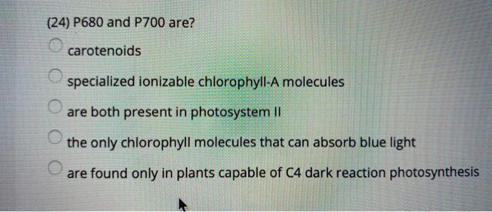 Solved (24) P680 and P700 are? carotenoids specialized | Chegg.com