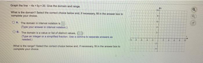Solved 10 Graph the line - 4x + 5y = 20. Give the domain and | Chegg.com