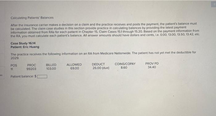 Calculating Patients' Balances After the insurance | Chegg.com