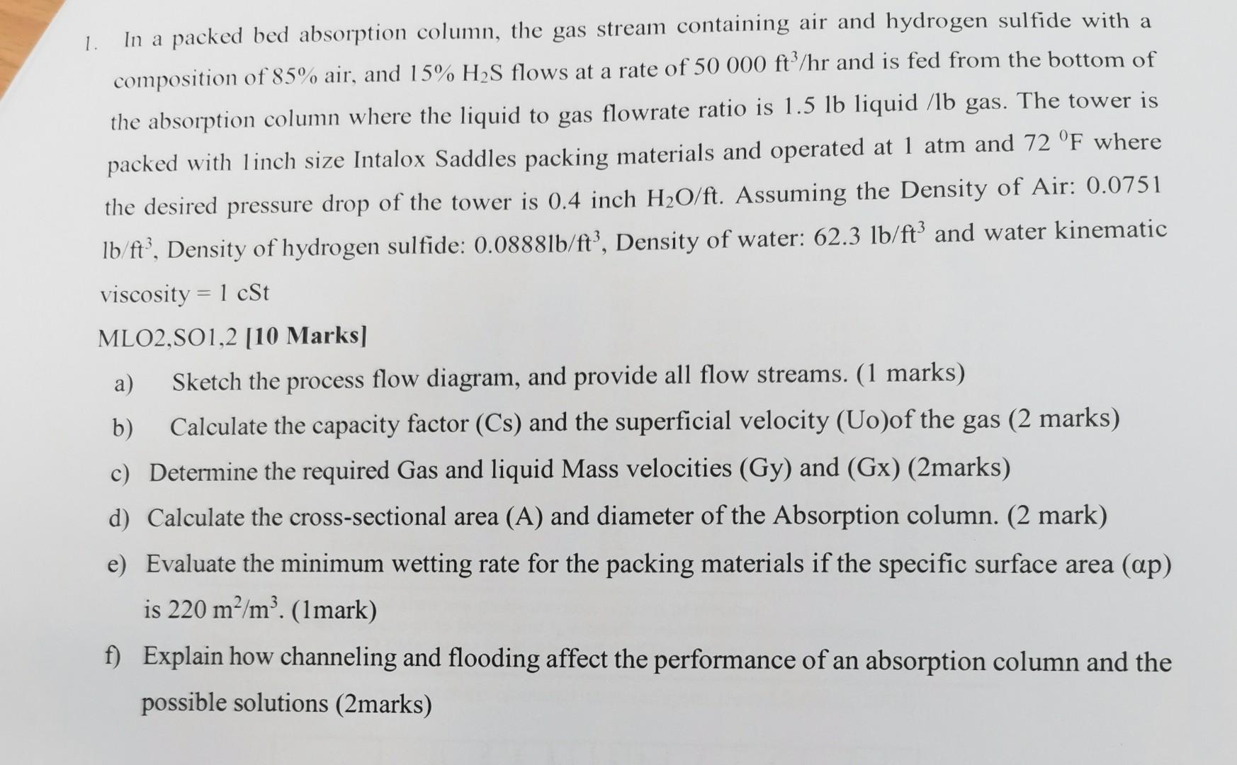 Solved 1. In a packed bed absorption column, the gas stream | Chegg.com