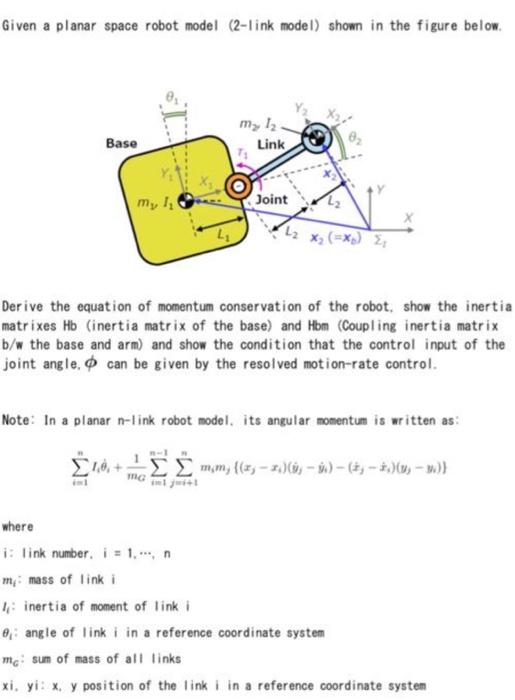 Given a planar space robot model (2-link model) shown | Chegg.com