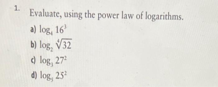 Solved 1. Evaluate, using the power law of logarithms. a) | Chegg.com