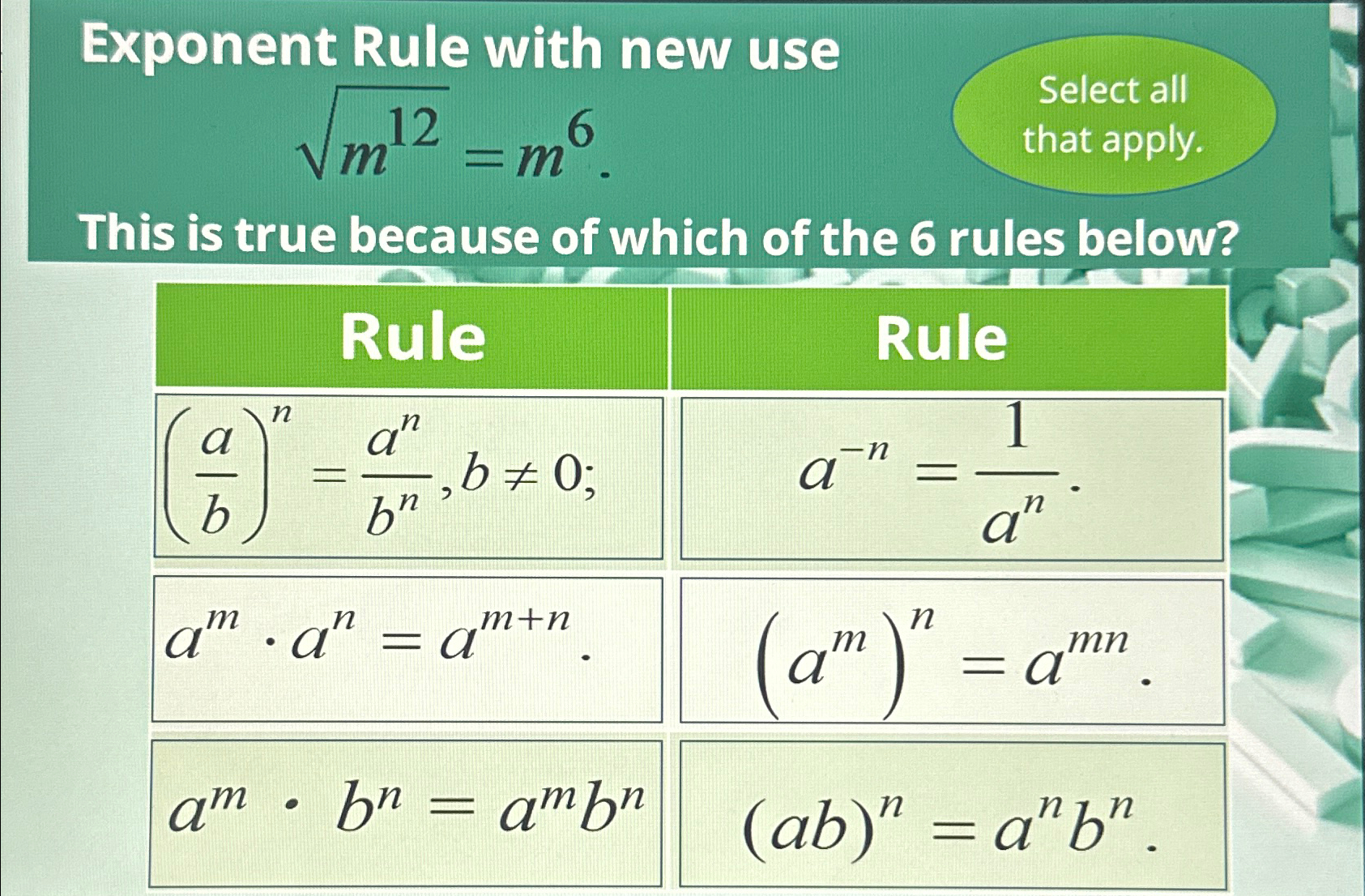 Solved Exponent Rule with new usem122=m6. ﻿that apply.This | Chegg.com