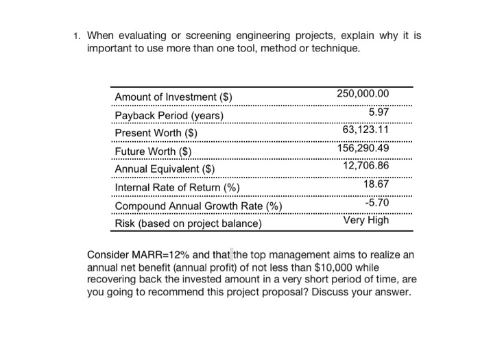 Solved 1. When evaluating or screening engineering projects, | Chegg.com