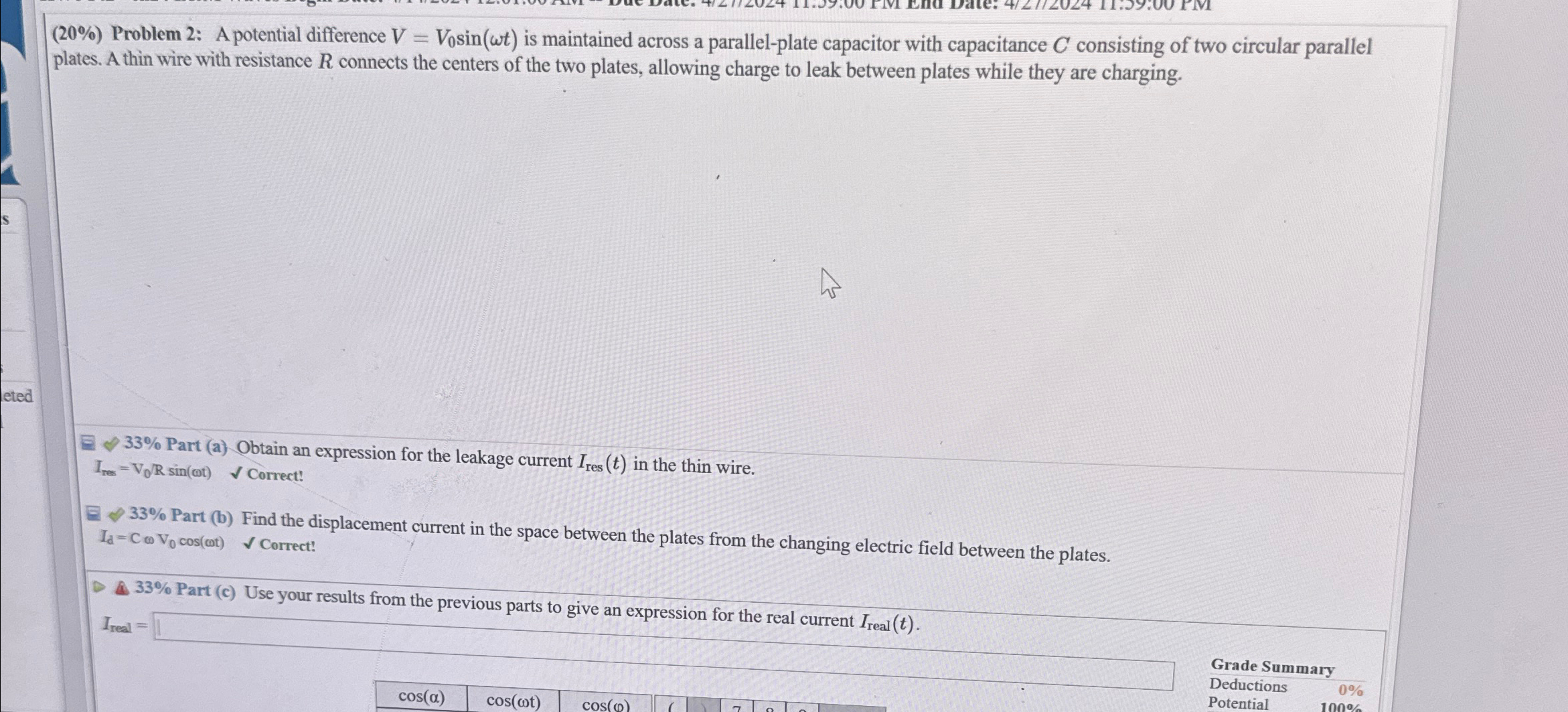 Solved Problem 2: A potential difference V=V0sin(ωt) ﻿is | Chegg.com