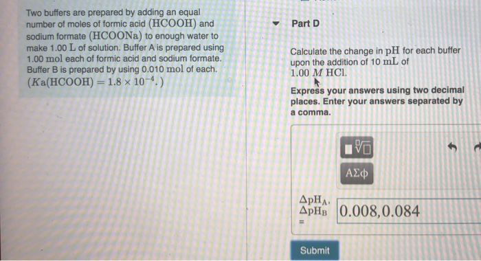 Part D Two buffers are prepared by adding an equal | Chegg.com