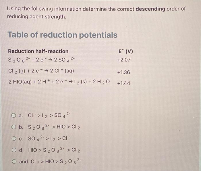 Solved Using the following information determine the correct | Chegg.com