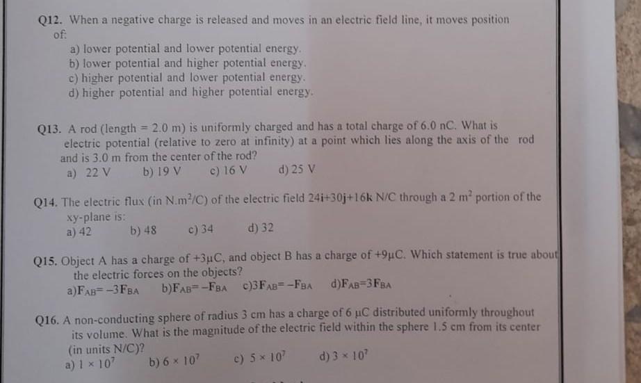 Solved Q12. When a negative charge is released and moves in | Chegg.com