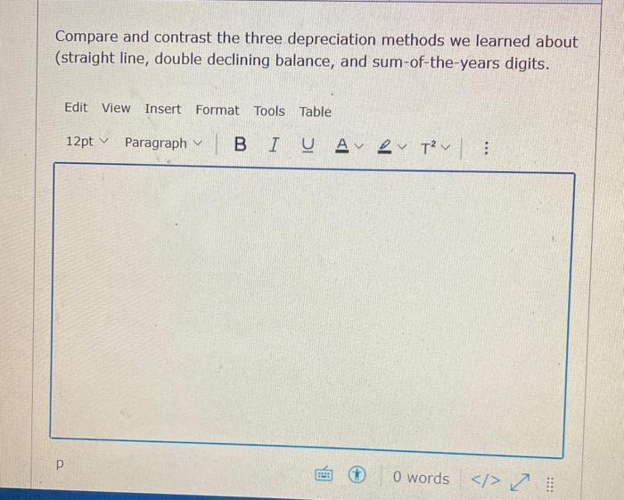 Solved Compare and contrast the three depreciation methods | Chegg.com Solved Compare and contrast the three depreciation methods | Chegg.com