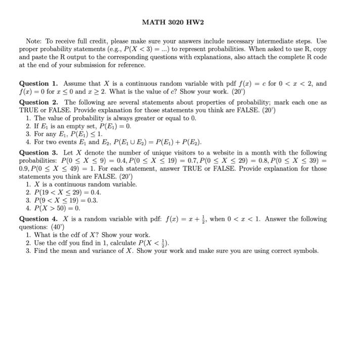 Solved MATH 3020 HW2 Note: To receive full credit, please | Chegg.com