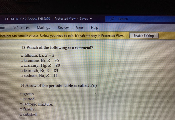 Solved CHEM 201 Ch 2 Review Fall 2020 - Protected View - | Chegg.com