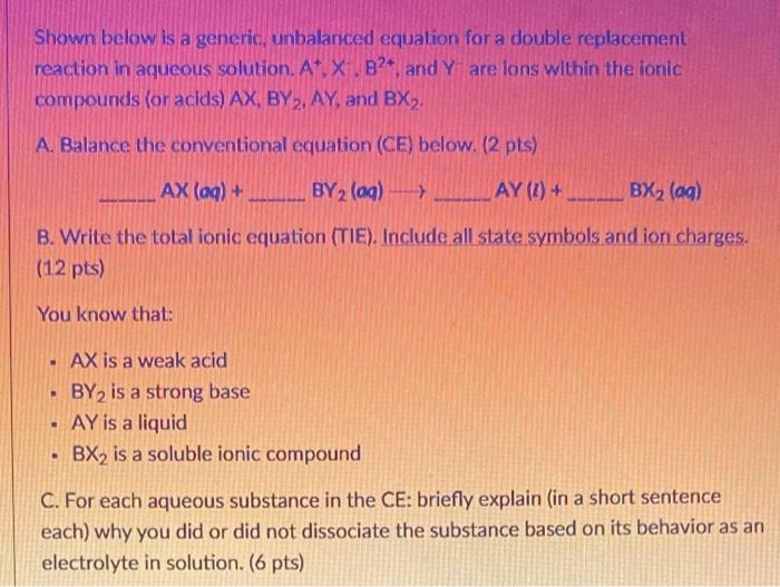 Solved Shown below is a generic, unbalanced equation for a | Chegg.com