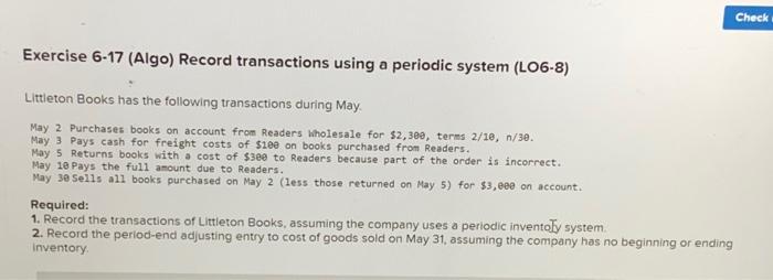 Solved Exercise 6-17 (Algo) Record transactions using a | Chegg.com