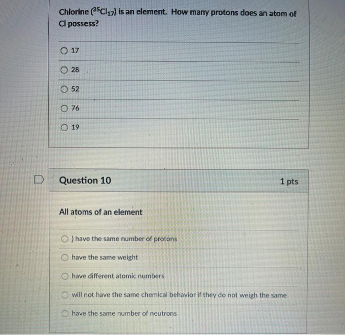 Solved Chlorine (35C117) is an element. How many protons | Chegg.com