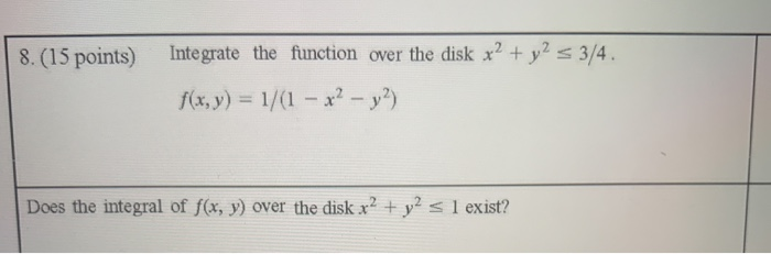 Solved 8.(15 points) Integrate the function over the disk x2 | Chegg.com