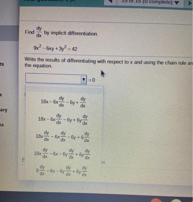 Solved dy Find dx by implicit differentiation. 9x2 - 6xy + | Chegg.com