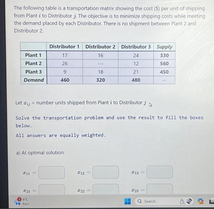 Solved The following table is a transportation matrix | Chegg.com