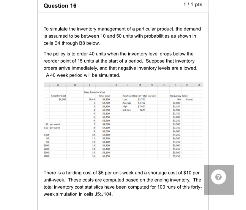 Solved Question 161/1 ﻿ptsTo simulate the inventory | Chegg.com