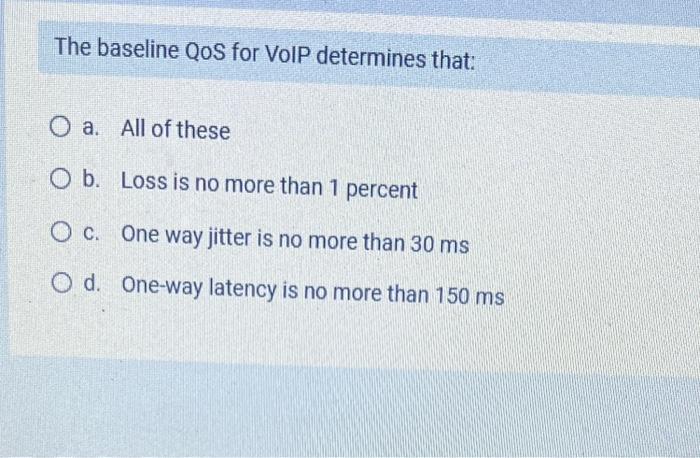 Solved The baseline Qos for VoIP determines that: a. All of | Chegg.com