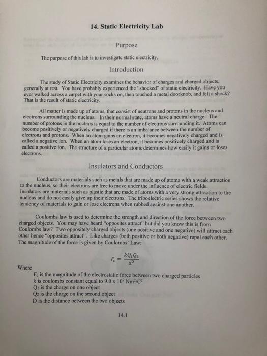 14. Static Electricity Lab Purpose The purpose of | Chegg.com