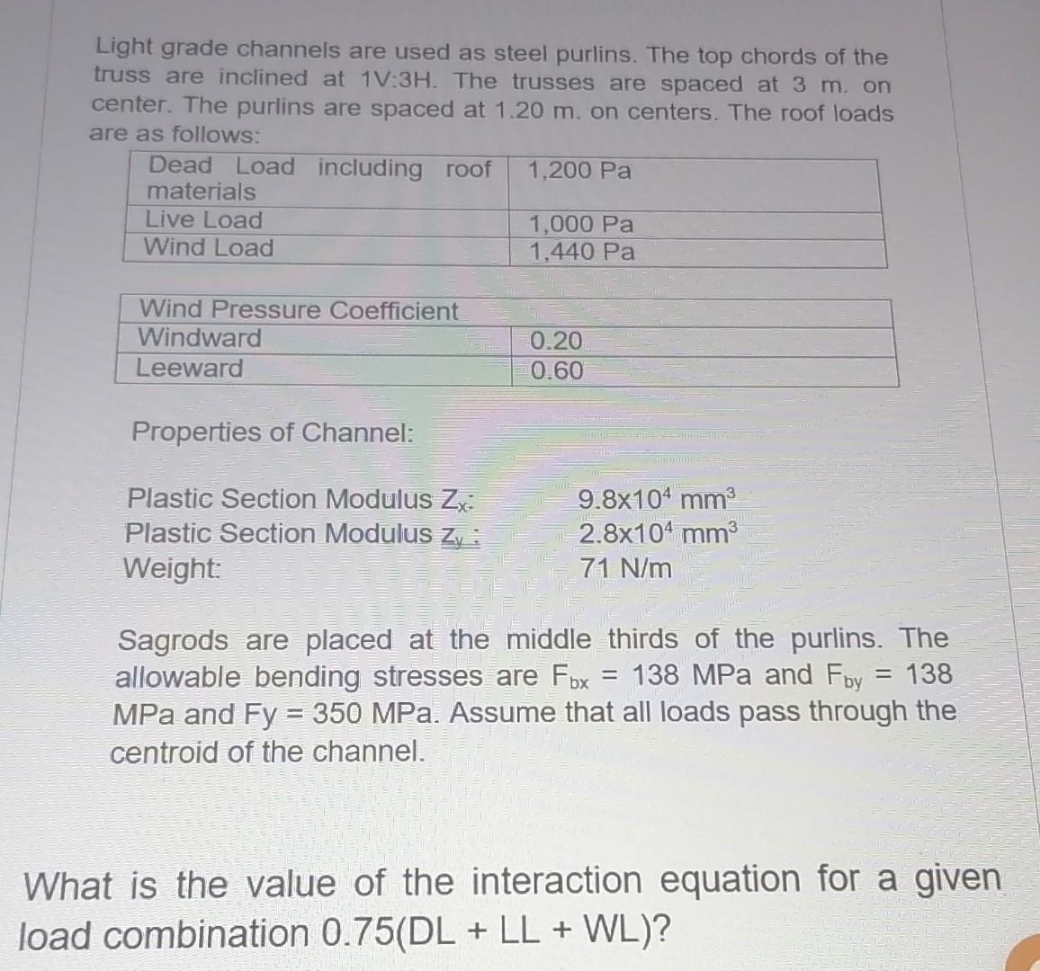 Solved Light grade channels are used as steel purlins. The | Chegg.com