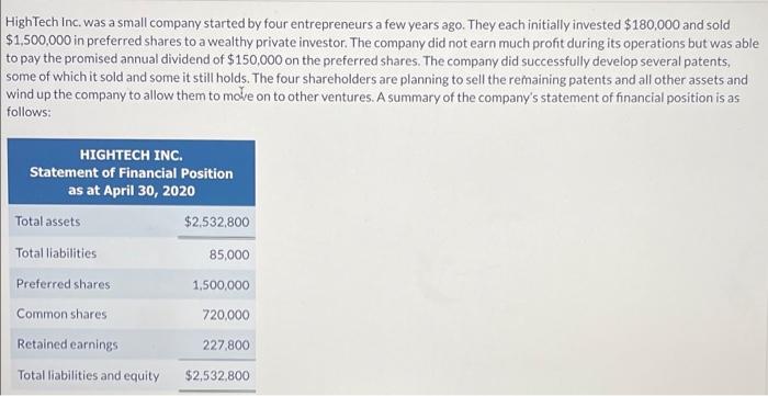 Solved High Tech Inc. was a small company started by four | Chegg.com