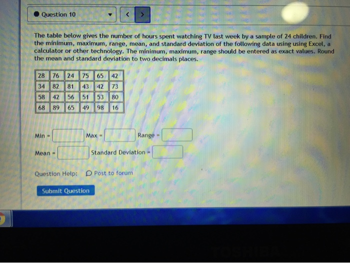 Solved Question Calculate the mean and sample standard | Chegg.com