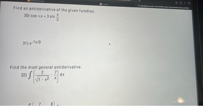 Solved Find an antiderivative of the given function. 30) | Chegg.com