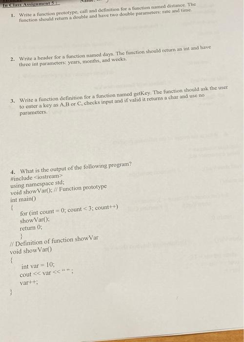 Solved In Class Assignment 5 1. Write a function prototype, | Chegg.com
