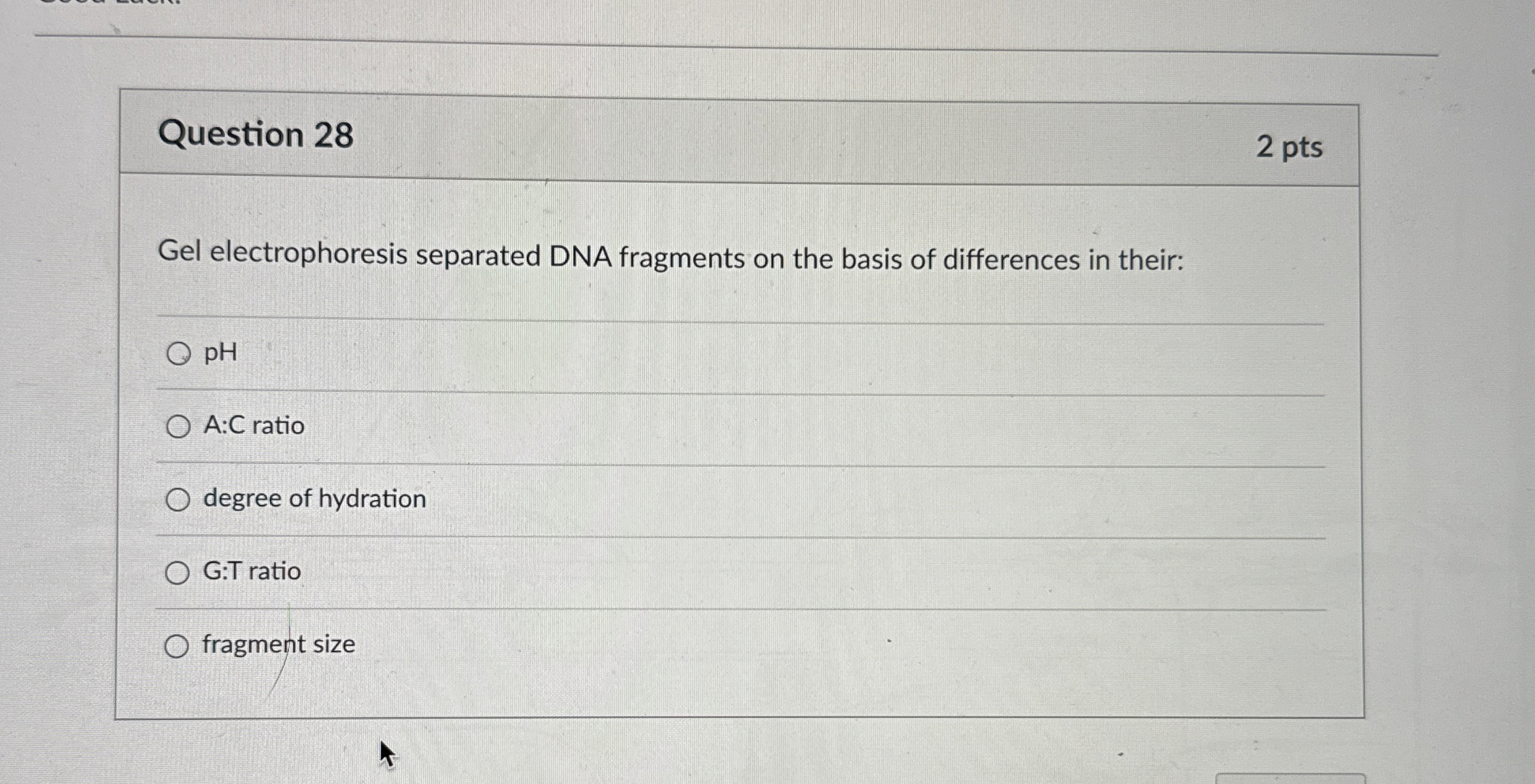 Solved Question 282 ﻿ptsGel electrophoresis separated DNA | Chegg.com
