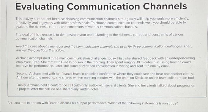 Solved Evaluating Communication Channels This activity is | Chegg.com