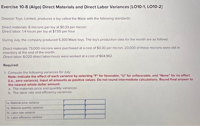 Solved Exercise 10-8 (Algo) Direct Materials and Direct | Chegg.com