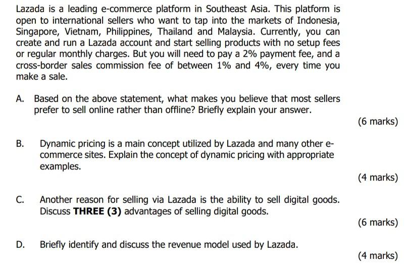 Solved Lazada is a leading e-commerce platform in Southeast | Chegg.com