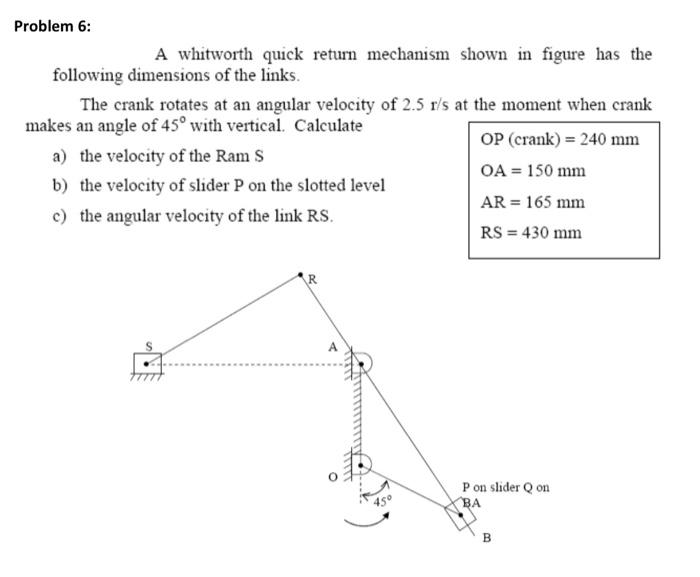 Solved Problem 6: A whitworth quick return mechanism shown | Chegg.com